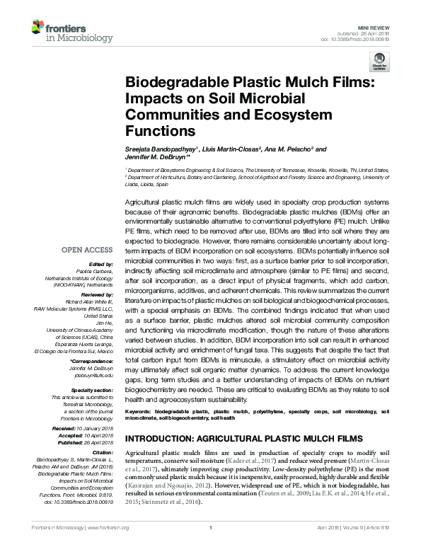 (PDF) Biodegradable Plastic Mulch Films: Impacts on Soil Microbial Communities and Ecosystem ...