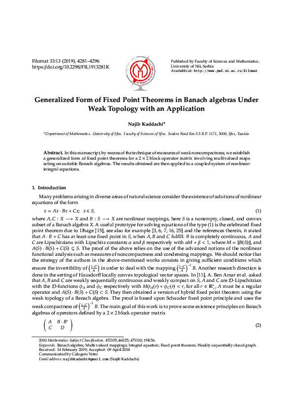 (PDF) Generalized form of fixed point theorems in Banach algebras under weak topology with an ...
