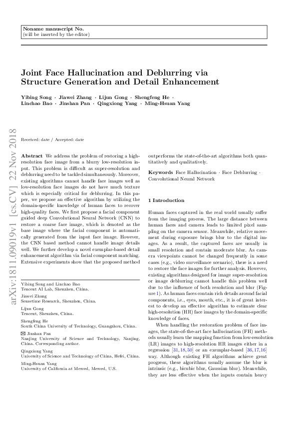 (PDF) Joint Face Hallucination and Deblurring via Structure Generation and Detail Enhancement