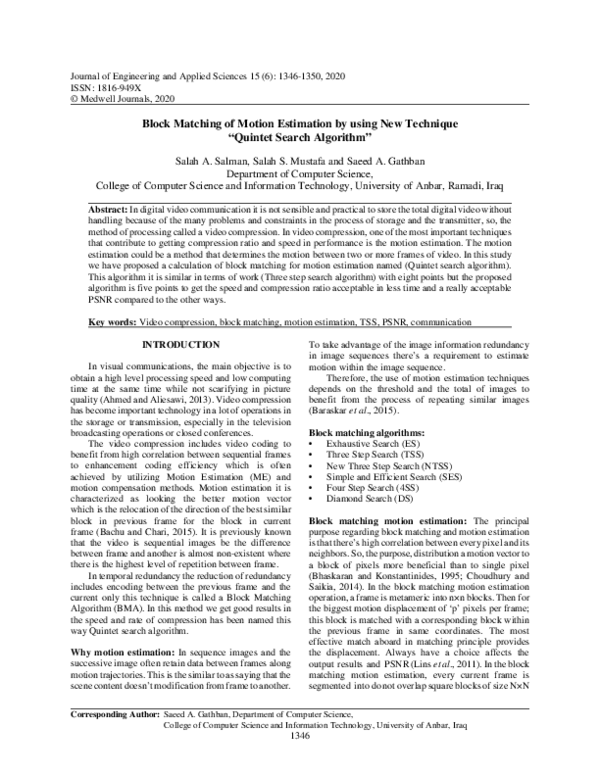 (PDF) Block Matching of Motion Estimation by using New Technique "Quintet Search Algorithm ...