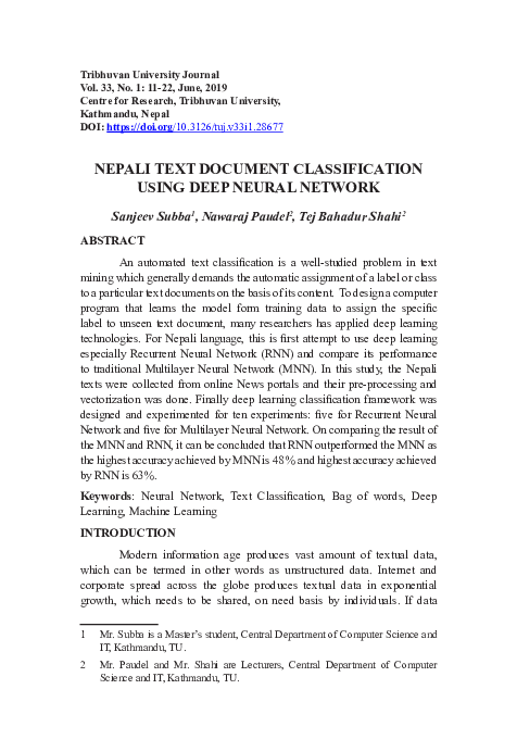 (PDF) Nepali Text Document Classification Using Deep Neural Network