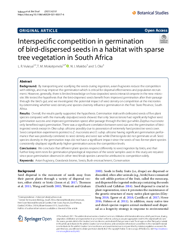 (PDF) Seed Germination Competition in Bird-Dispersed Seeds in South Africa