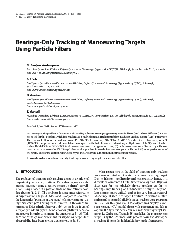 Pdf Bearings Only Tracking Of Manoeuvring Targets Using Particle Filters 1711