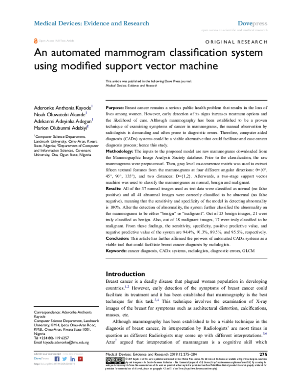 (PDF) An automated mammogram classification system using modified support vector machine