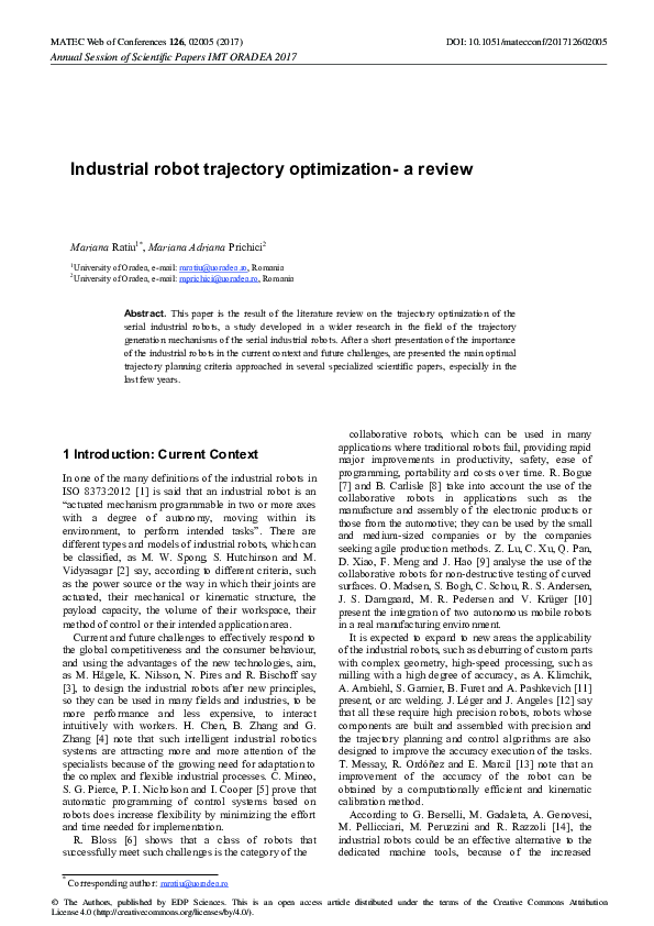 Pdf Industrial Robot Trajectory Optimization A Review