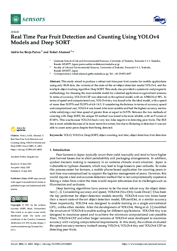 Pdf Real Time Pear Fruit Detection And Counting Using Yolov4 Models And Deep Sort Addie