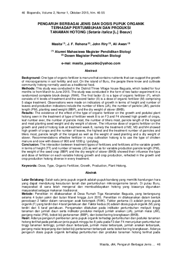 (PDF) PENGARUH BERBAGAI JENIS DAN DOSIS PUPUK ORGANIK TERHADAP PERTUMBUHAN DAN PRODUKSI TANAMAN ...