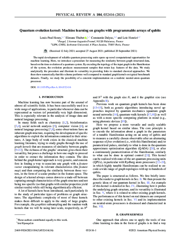 (PDF) Quantum evolution kernel: Machine learning on graphs with programmable arrays of qubits