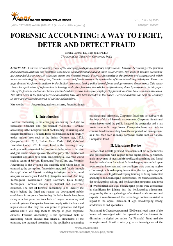 (PDF) Forensic Accounting: A Way to Fight, Deter and Detect Fraud