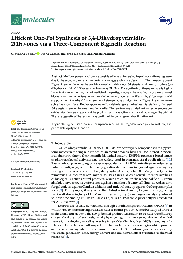 (PDF) Efficient One-Pot Synthesis of 3,4-Dihydropyrimidin-2(1H)-ones via a Three-Component ...