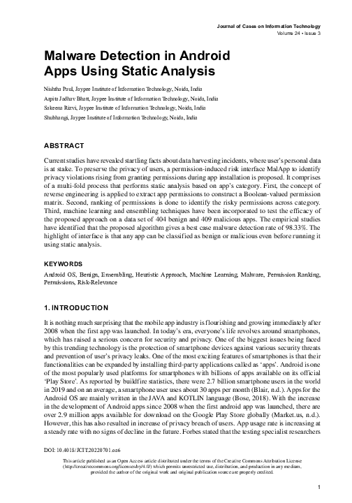 (PDF) Malware Detection in Android Apps Using Static Analysis