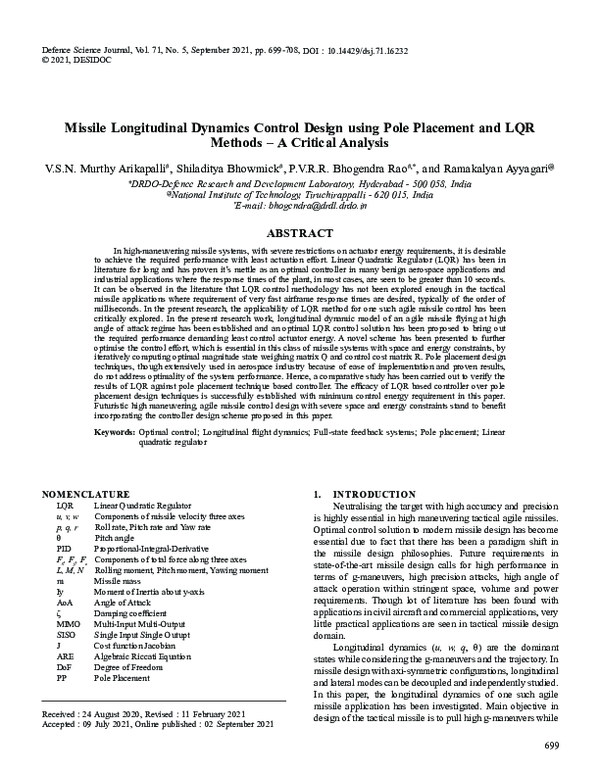 (PDF) Missile Longitudinal Dynamics Control Design Using Pole Placement and LQR Methods