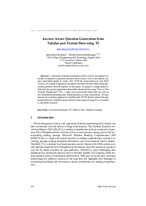 Pdf Answer Aware Question Generation From Tabular And Textual Data Using T5