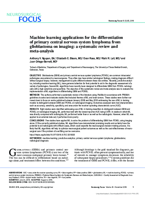 (PDF) Machine learning applications for the differentiation of primary central nervous system ...