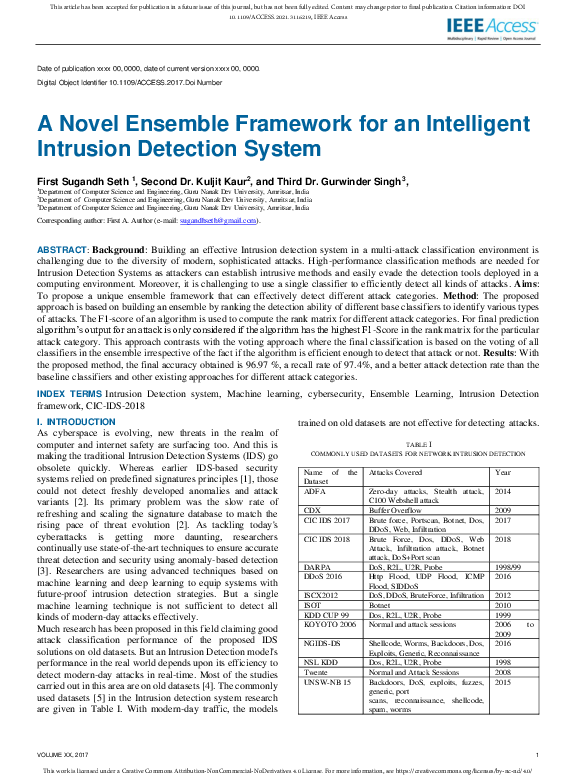 Pdf A Novel Ensemble Framework For An Intelligent Intrusion Detection