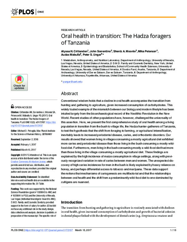 (PDF) Oral health in transition: The Hadza foragers of Tanzania