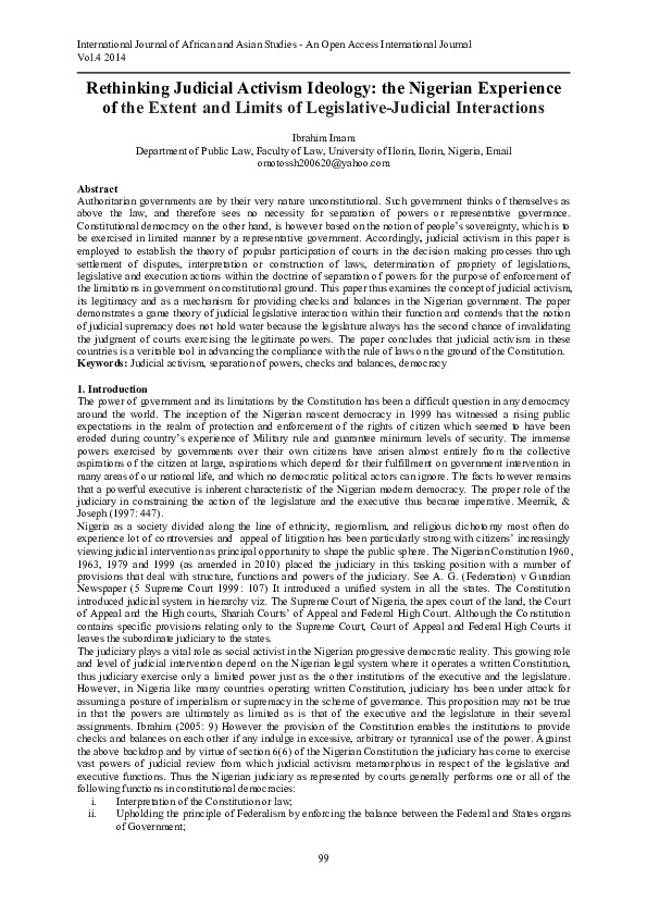 (PDF) Rethinking Judicial Activism Ideology: the Nigerian Experience of the Extent and Limits of ...