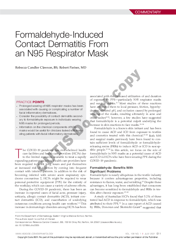(PDF) Formaldehyde-Induced Contact Dermatitis From an N95 Respirator Mask