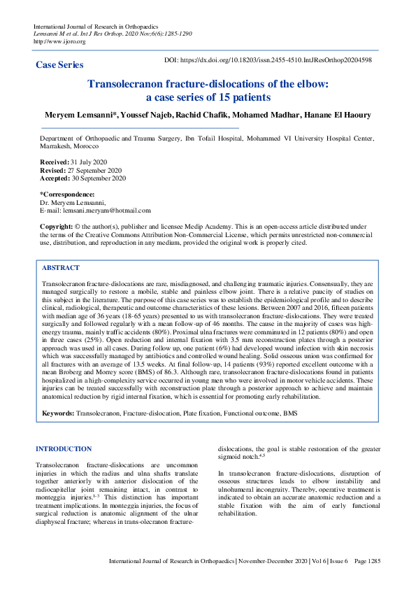 (PDF) Transolecranon fracture-dislocations of the elbow: a case series ...