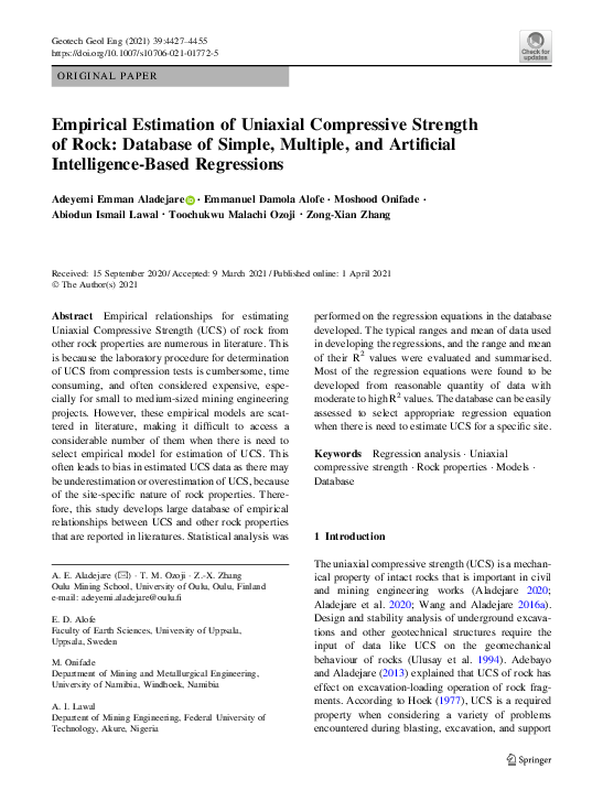 (PDF) Empirical Estimation of Uniaxial Compressive Strength of Rock: Database of Simple ...