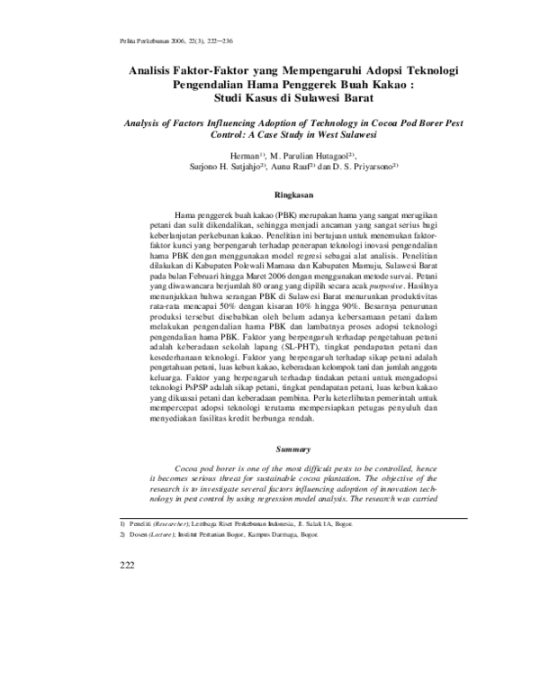 (PDF) Analysis of Factors Influencing Adoption of Technology in Cocoa Pod Borer Pest Control: A ...