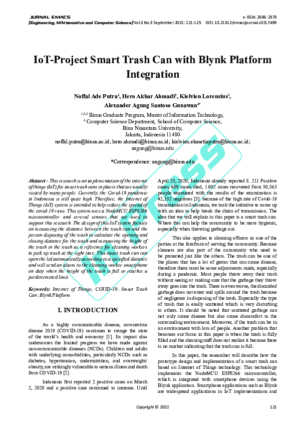 (PDF) IoT-Project Smart Trash Can with Blynk Platform Integration
