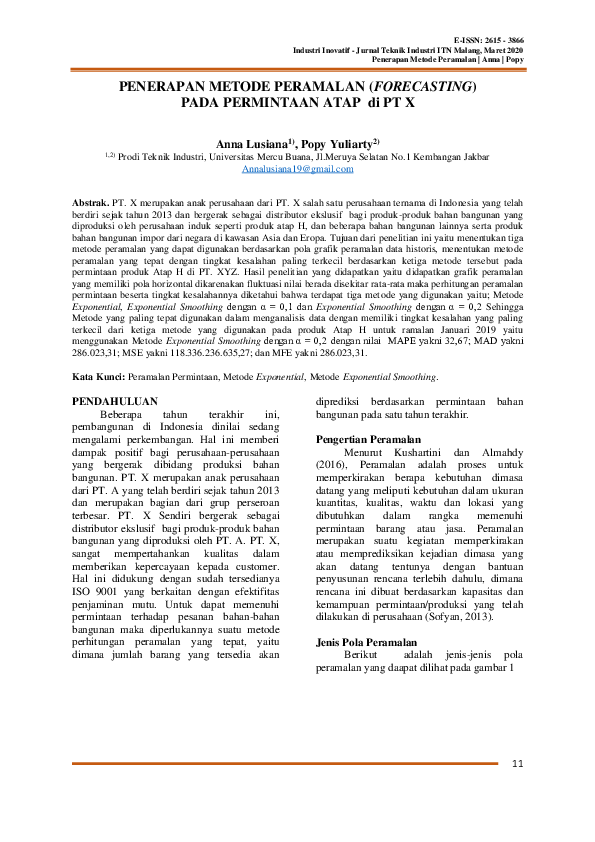 (PDF) PENERAPAN METODE PERAMALAN (FORECASTING) PADA PERMINTAAN ATAP di PT X