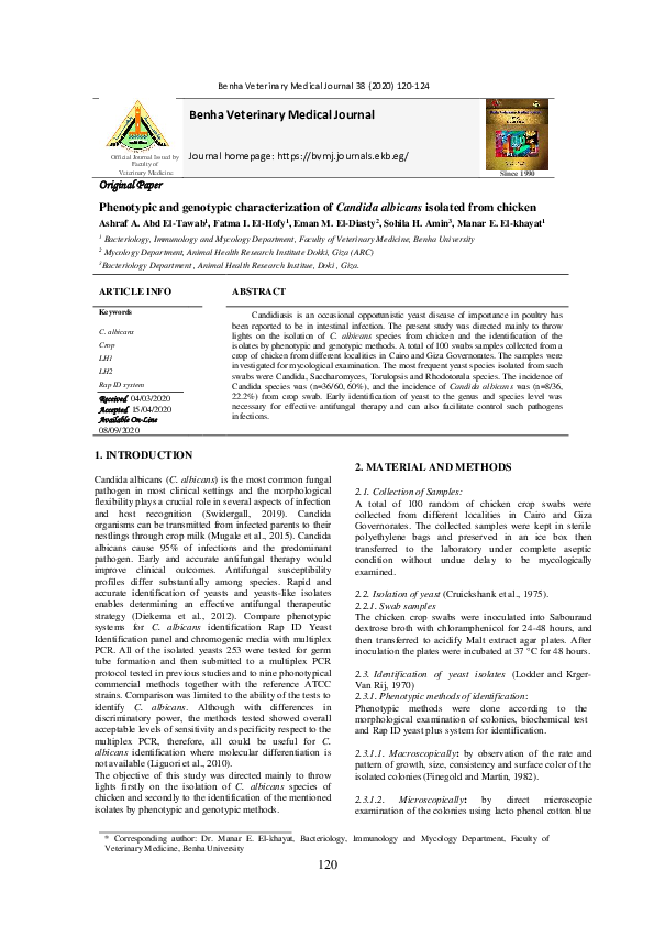 (PDF) Phenotypic and genotypic characterization of Candida albicans isolated from chicken