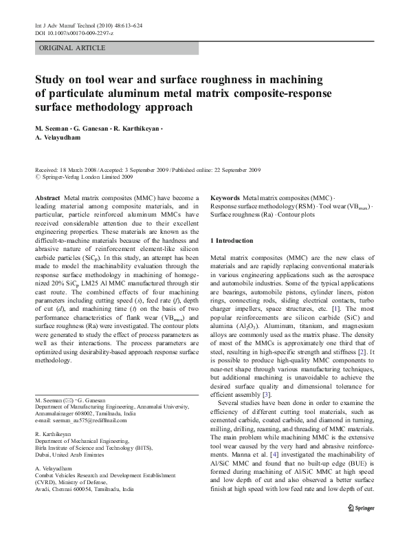 (PDF) Study on tool wear and surface roughness in machining of ...