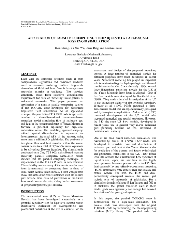 Pdf Application Of Parallel Computing Techniques To A Large Scale Reservoir Simulation Yu