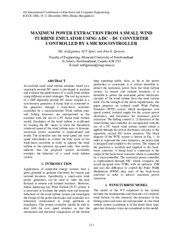 (PDF) MAXIMUM POWER EXTRACTION FROM A SMALL WIND TURBINE EMULATOR USING ...