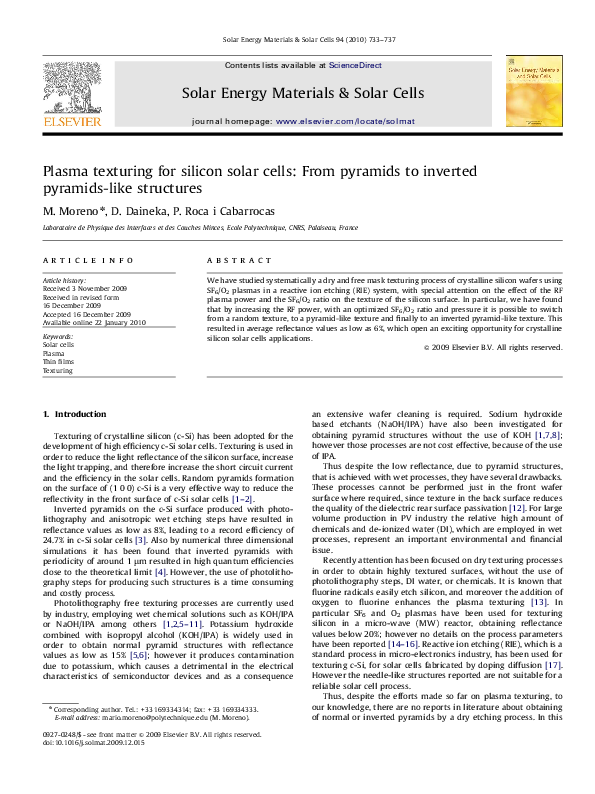 (PDF) Plasma texturing for silicon solar cells: From pyramids to ...