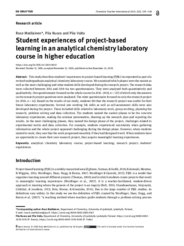 (PDF) Student experiences of project-based learning in an analytical ...