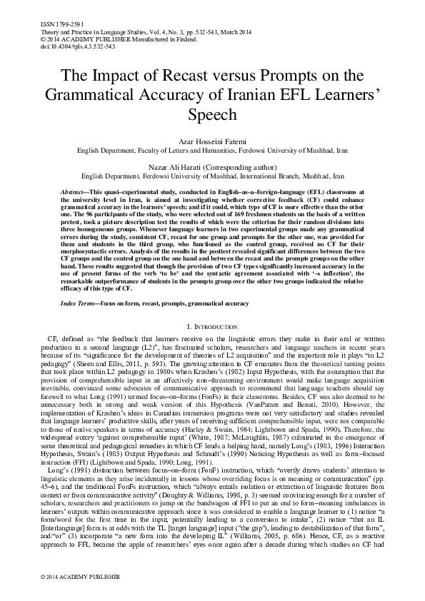 (PDF) The Impact of Recast versus Prompts on the Grammatical Accuracy ...