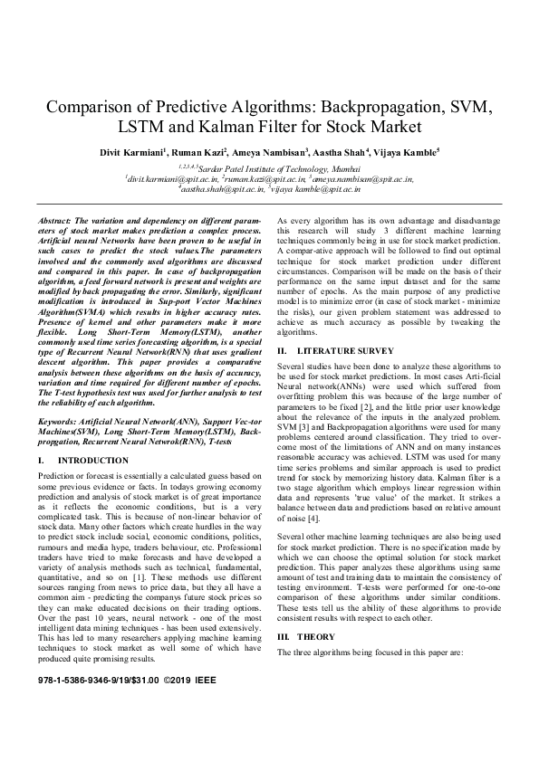 Pdf Comparison Of Predictive Algorithms Backpropagation Svm Lstm And Kalman Filter For