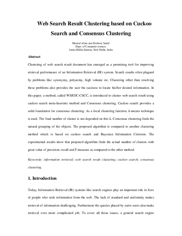 Pdf Web Search Result Clustering Based On Cuckoo Search And Consensus Clustering Mansaf Alam
