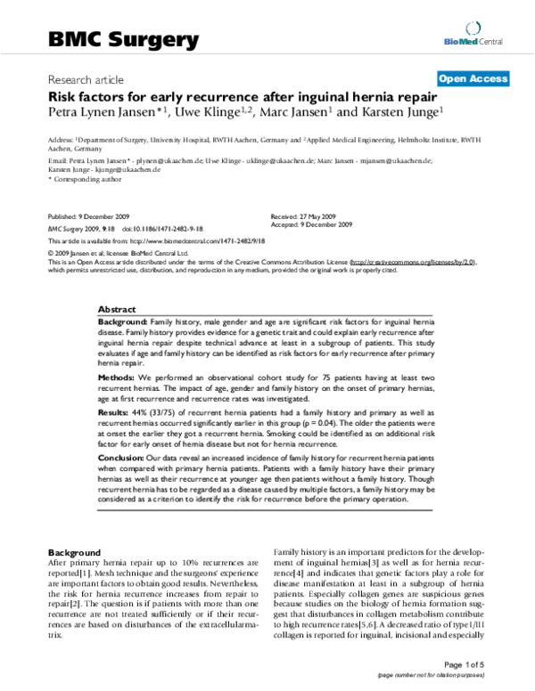 Pdf Risk Factors For Early Recurrence After Inguinal Hernia Repair