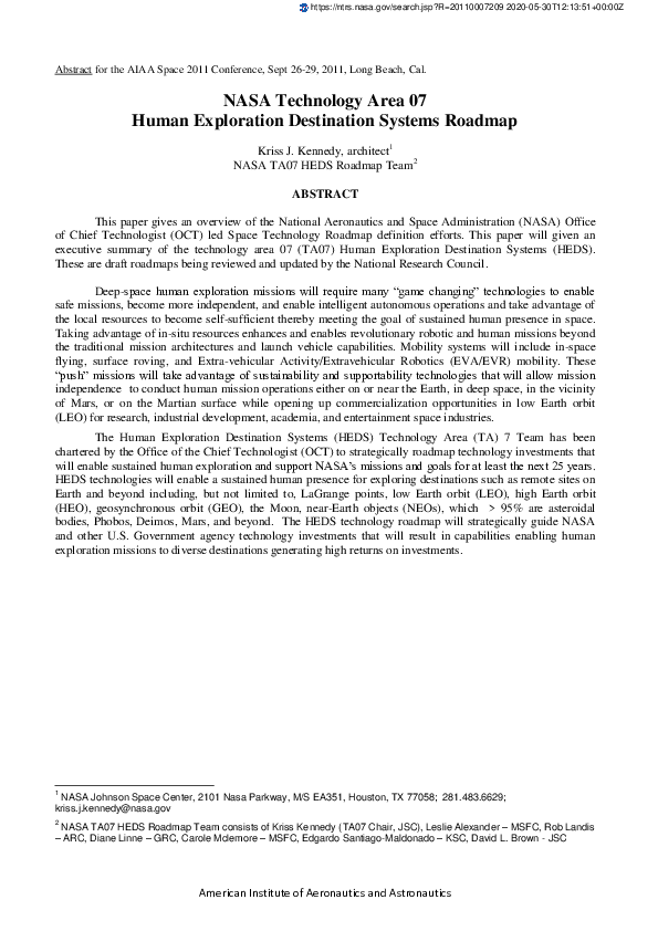 (PDF) NASA Technology Area 07 Human Exploration Destination Systems Roadmap
