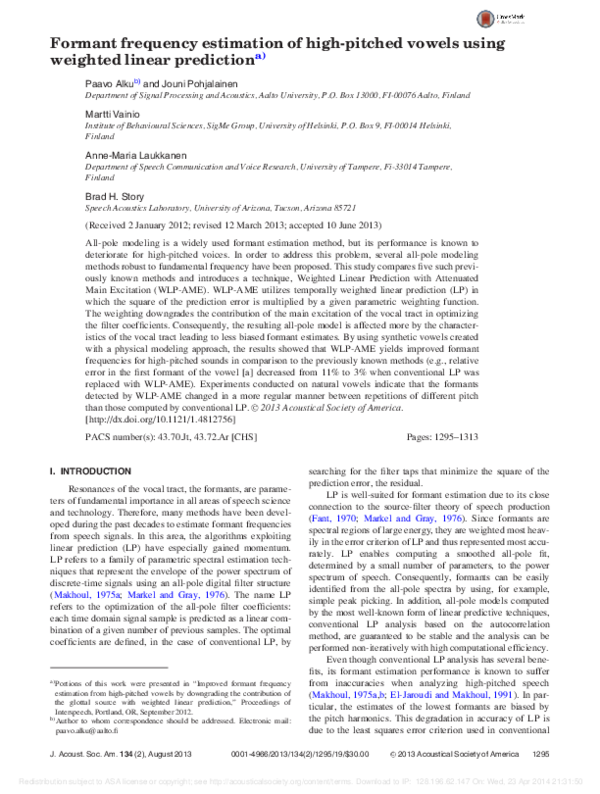(PDF) Formant frequency estimation of high-pitched vowels using weighted linear prediction