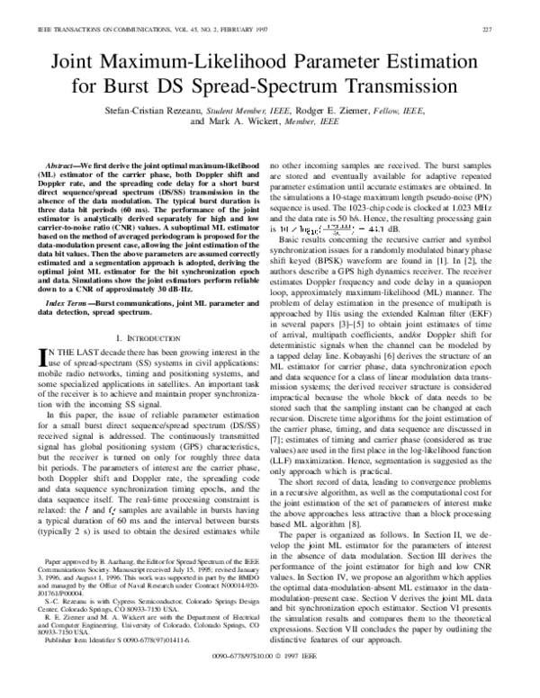 (PDF) Joint maximum-likelihood parameter estimation for burst DS spread-spectrum transmission
