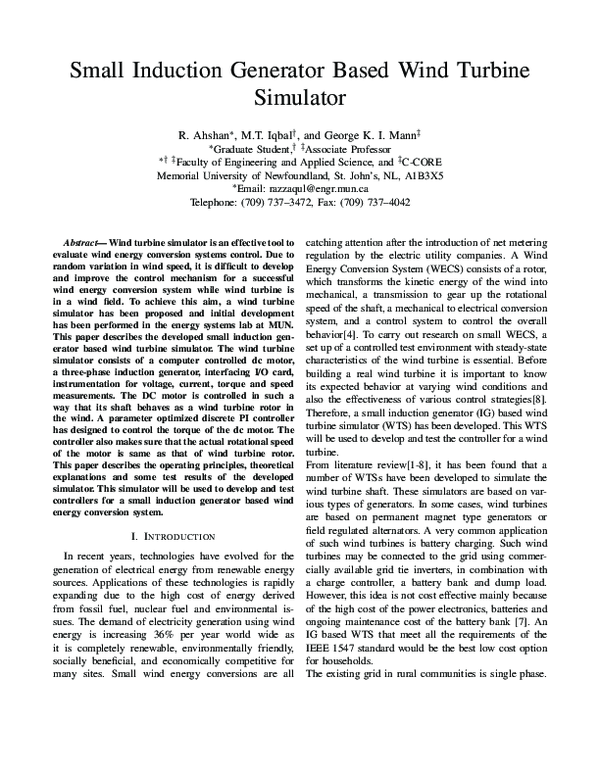 Pdf Small Induction Generator Based Wind Turbine Simulator