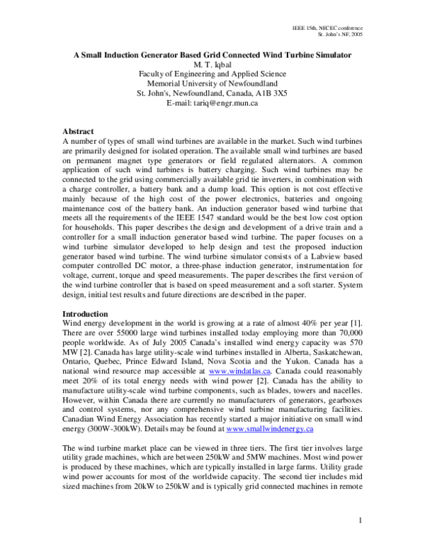 Pdf A Small Induction Generator Based Grid Connected Wind Turbine Simulator