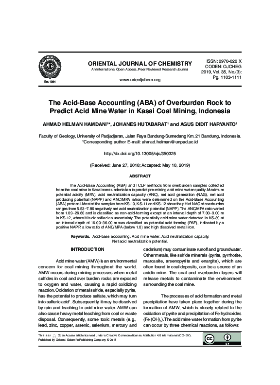 (PDF) The Acid-Base Accounting (ABA) of Overburden Rock to Predict Acid Mine Water in Kasai Coal ...