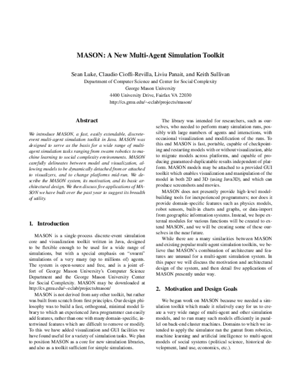 (PDF) Mason: A new multi-agent simulation toolkit