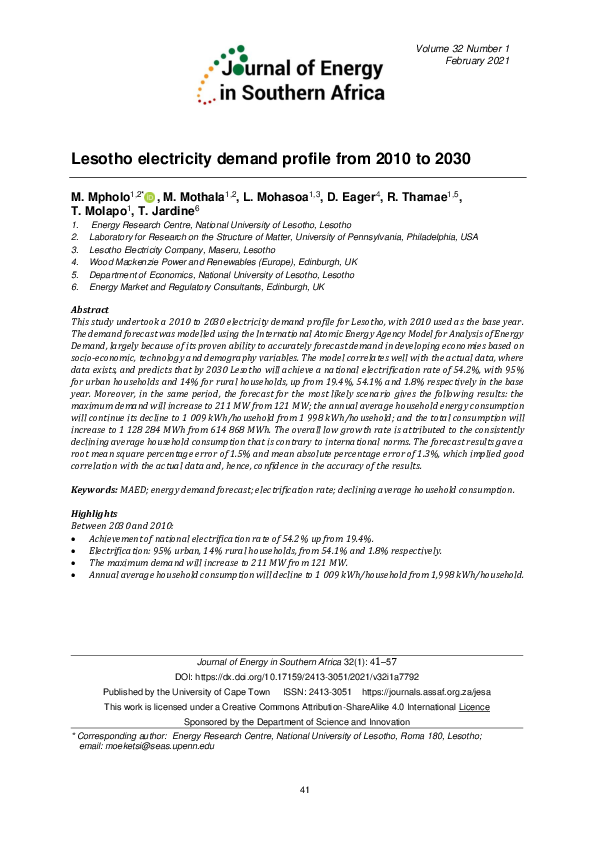 (PDF) Lesotho electricity demand profile from 2010 to 2030