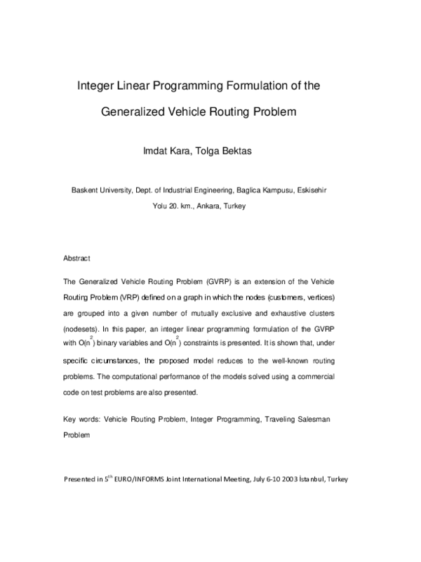Pdf Integer Linear Programming Formulation Of The Generalized Vehicle