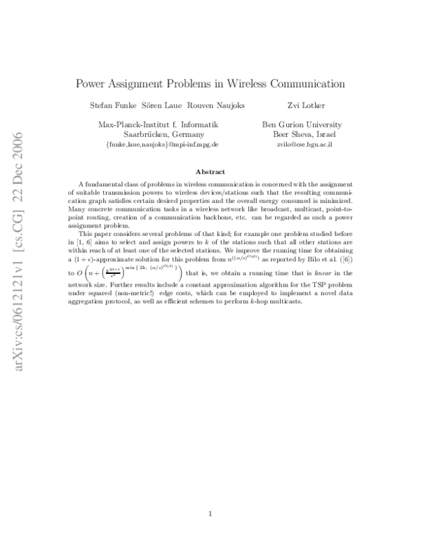 (PDF) Power Assignment Problems in Wireless Communication