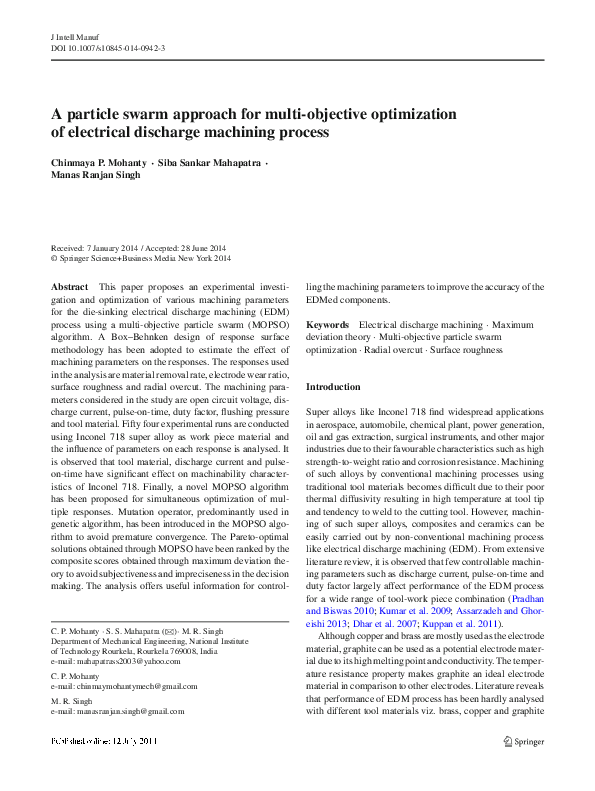 Pdf A Particle Swarm Approach For Multi Objective Optimization Of Electrical Discharge