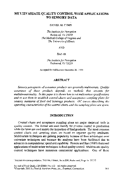 (PDF) Multivariate Quality Control with Applications to Sensory Data