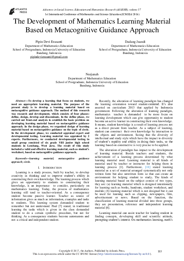 Pdf The Development Of Mathematics Learning Material Based On Metacognitive Guidance Approach